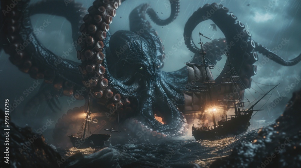 Terrifyingly huge as a sea creature octopus ship, the kraken tries to sink a huge pirate ship ...