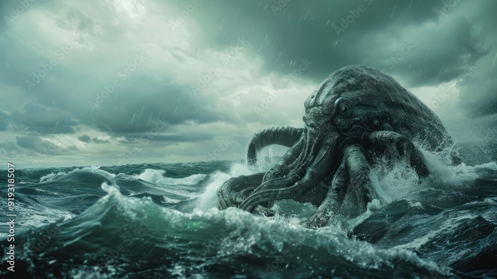 A terrifyingly huge ship-sized sea creature wades waist-deep in the ...