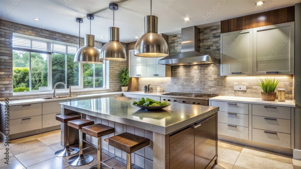 Modern kitchen features sleek stainless steel extractor fan above ...