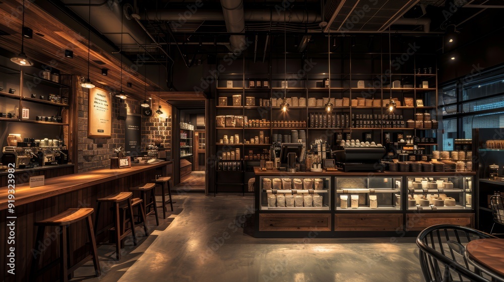 A contemporary cafe with loft-style interior, incorporating dark hues ...
