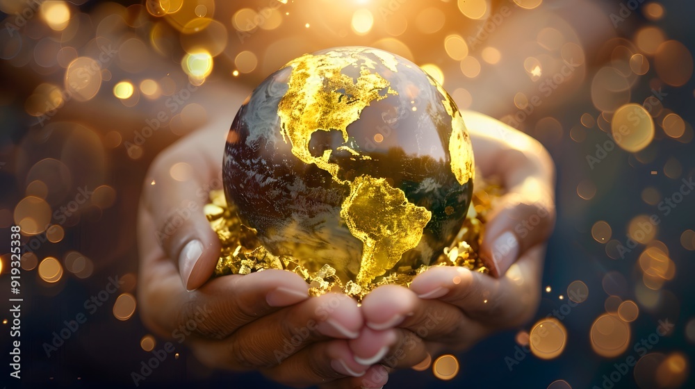 Golden hands cradling a globe, symbolizing the global significance of ...
