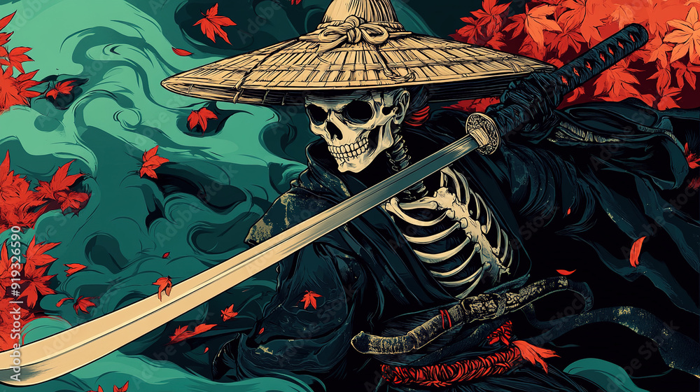 Detailed vector illustration of a skeleton samurai in traditional ...