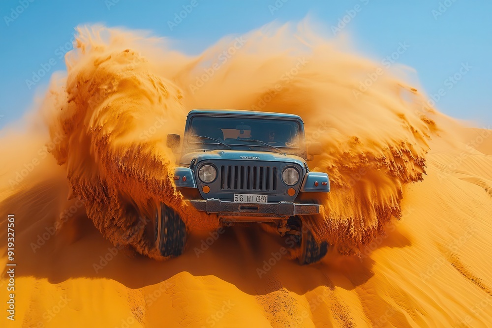 rugged 4x4 vehicle kicks up sand in epic desert adventure golden dunes ...