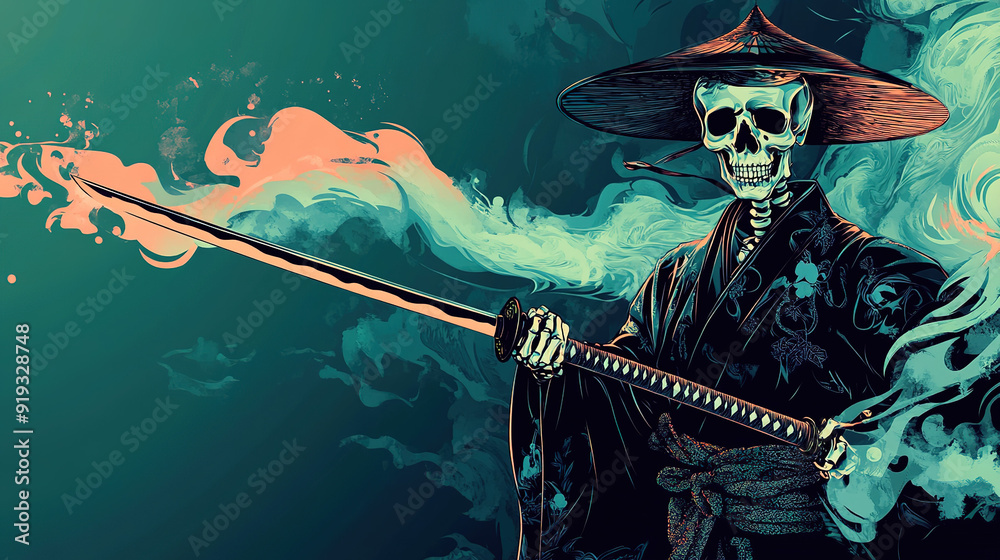 Intricate vector illustration of a skeleton samurai in traditional ...