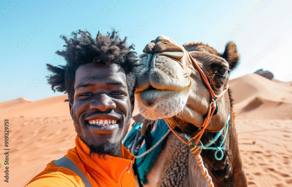 Camel in desert. Black man wearing sunglasses on a hot summers day in ...