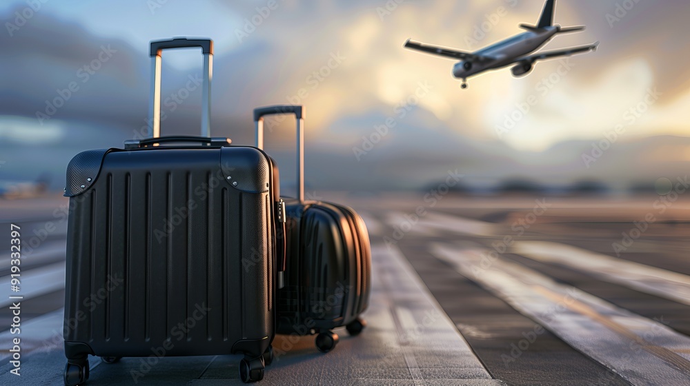 Travel luggage and suitcases on airport runway with airplane in ...