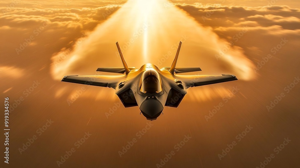 Foto de A fighter jet breaks sound barrier against the sunset. Front ...
