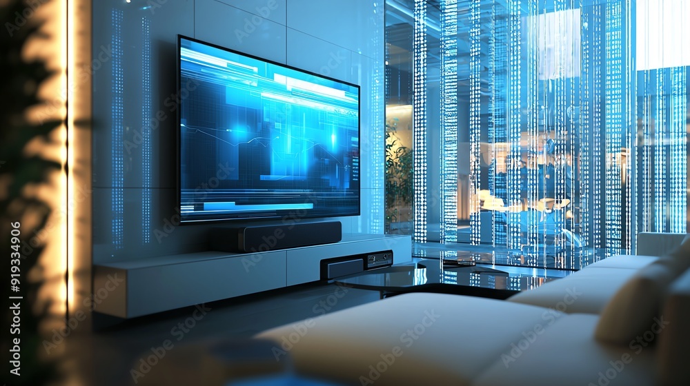 Modern living room with a large TV mounted on a sleek wall, featuring a ...