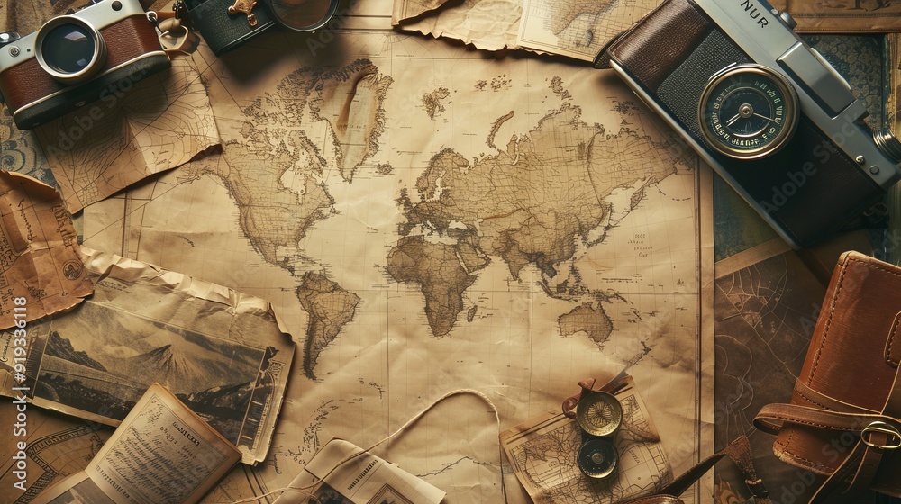 Vintage travel background with retro photos, map, and old suitcase for ...