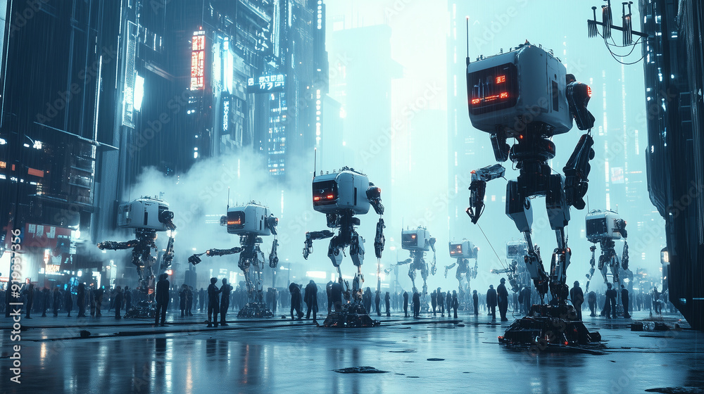 AI-driven autonomous robots maintaining and repairing high-tech urban ...
