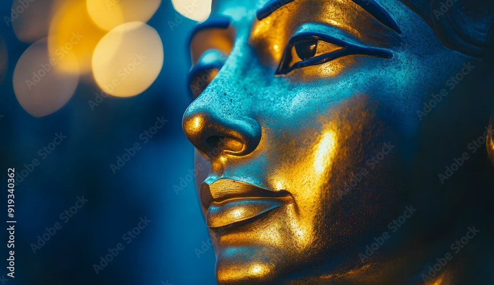 close up of golden statue head, pharaoh face in the Egyptian palace ...