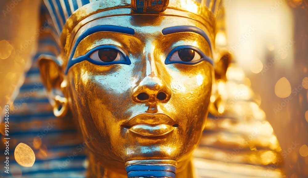 close up of golden statue head, pharaoh face in the Egyptian palace ...