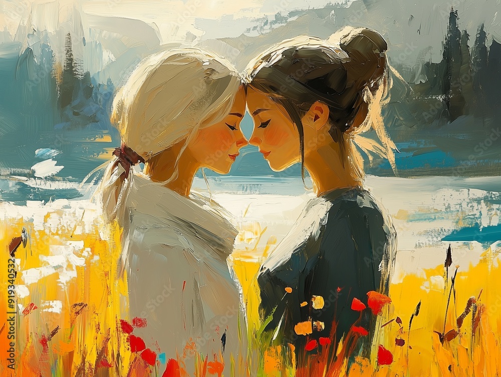 Two women share an intimate moment with their foreheads touching ...