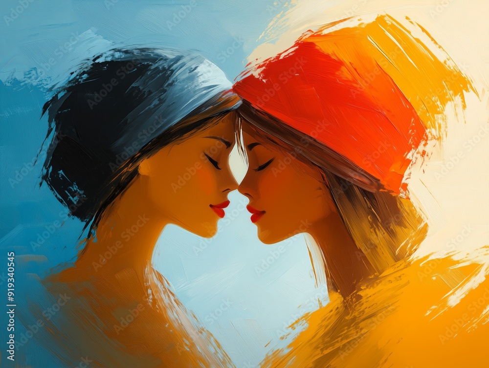 Two women with their foreheads touching, depicted in an abstract oil ...