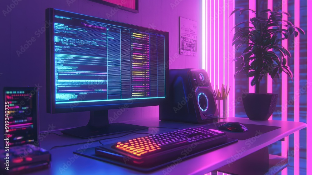 Computer on the table in cyberpunk style, nostalgia 80s, 90s. Neon ...