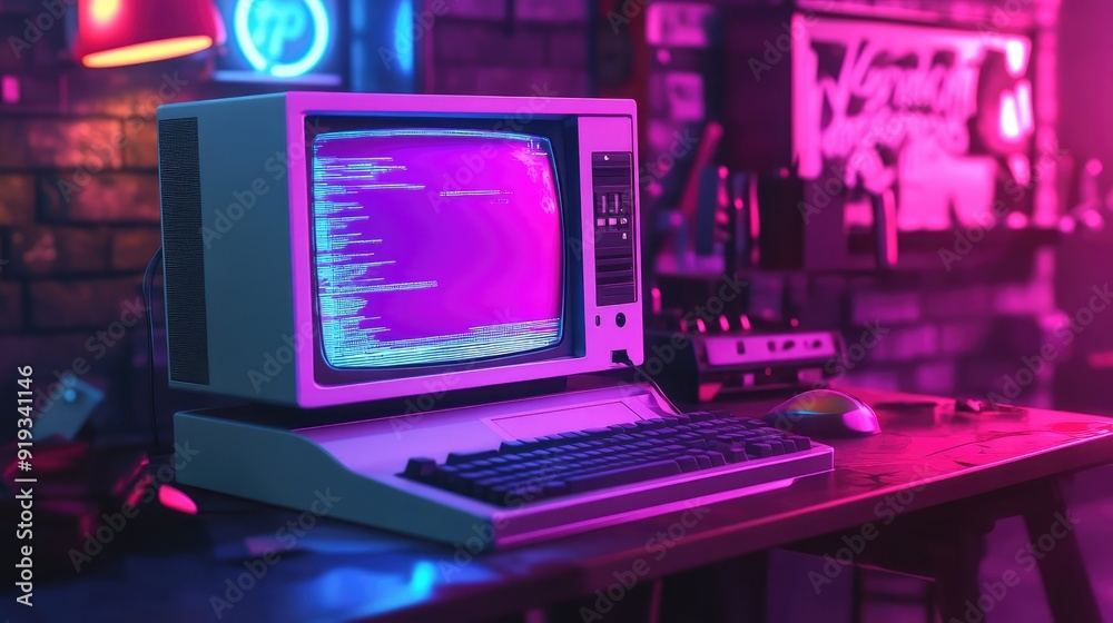 Computer on the table in cyberpunk style, nostalgia 80s, 90s. Neon ...