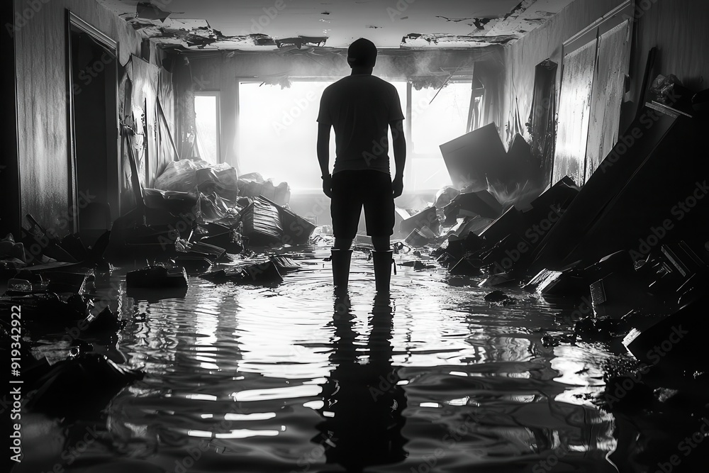 somber scene of a man in wellies standing amidst the ruins of a flooded ...