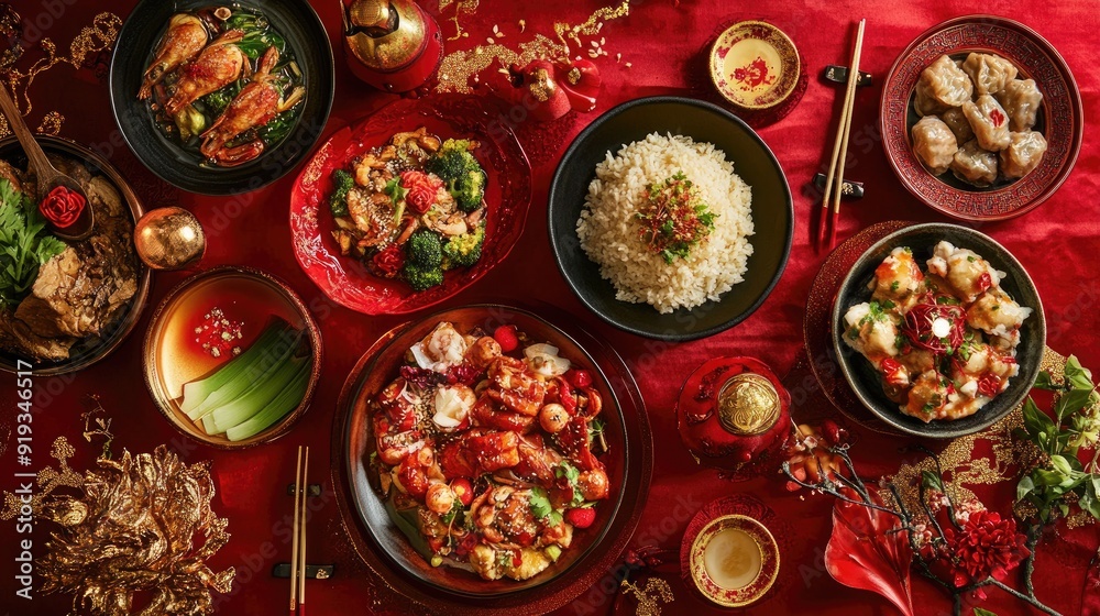 Festive red table setting with a variety of Chinese dishes, capturing ...