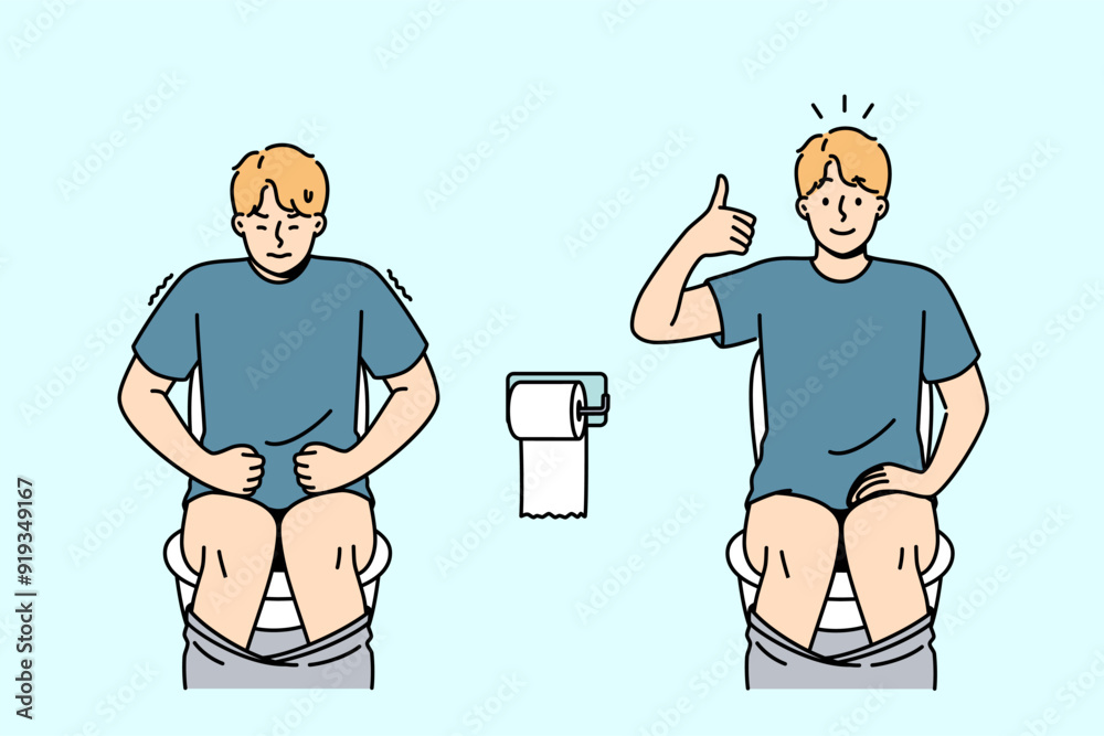 Diarrhea or constipation in man sitting on toilet and in pain, or ...