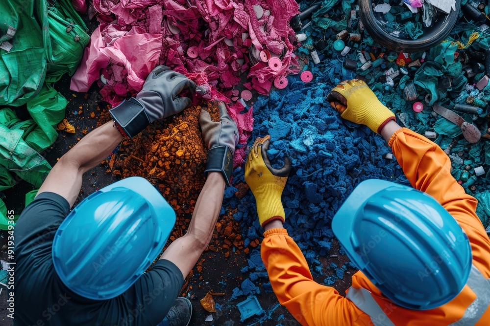 Factory workers wearing bright uniforms and hard hats sort and handle ...