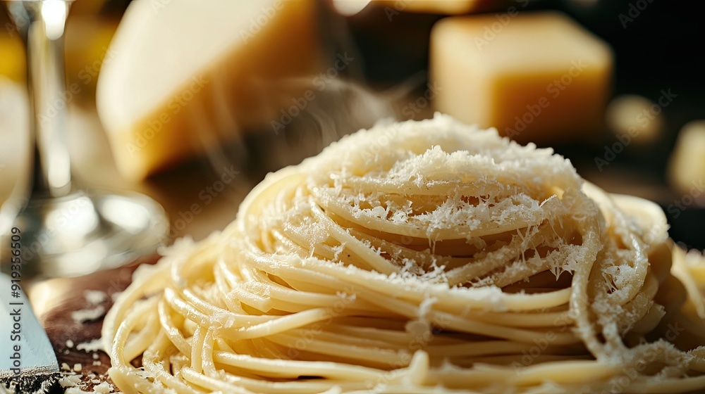 Traditional Italian spaghetti twirled and soaked inside a wheel of ...