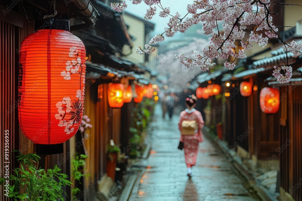 Poster traditional japanese street scene in kyoto lanternlit alleyway ...