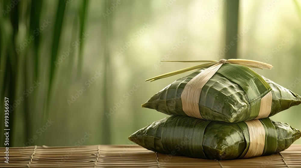 Traditional Zongzi wrapped in bamboo leaves, presented with ample copy ...