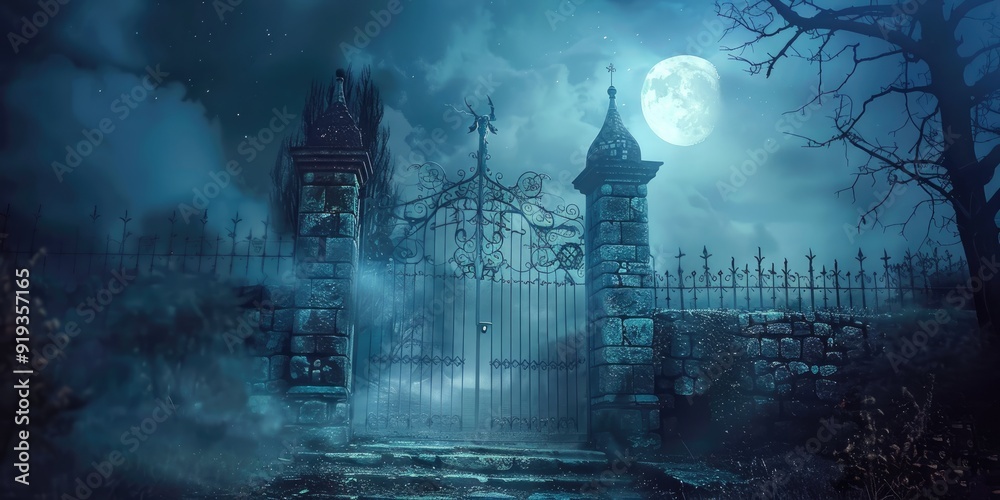 Spooky haunted mansion with gothic architecture, fog, broken gate ...