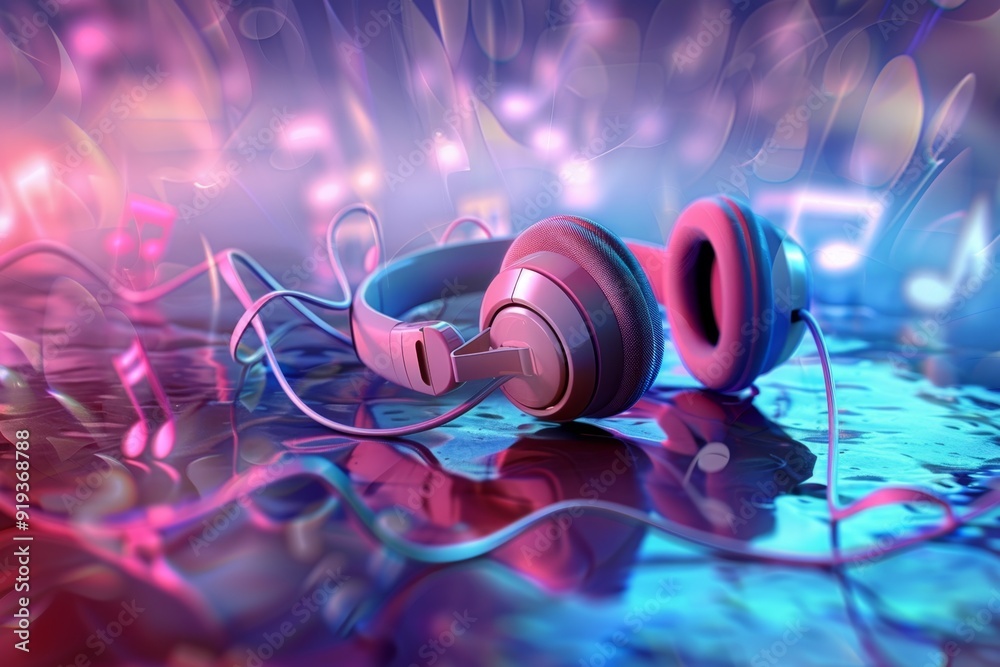 Colorful scene featuring headphones surrounded by floating musical ...