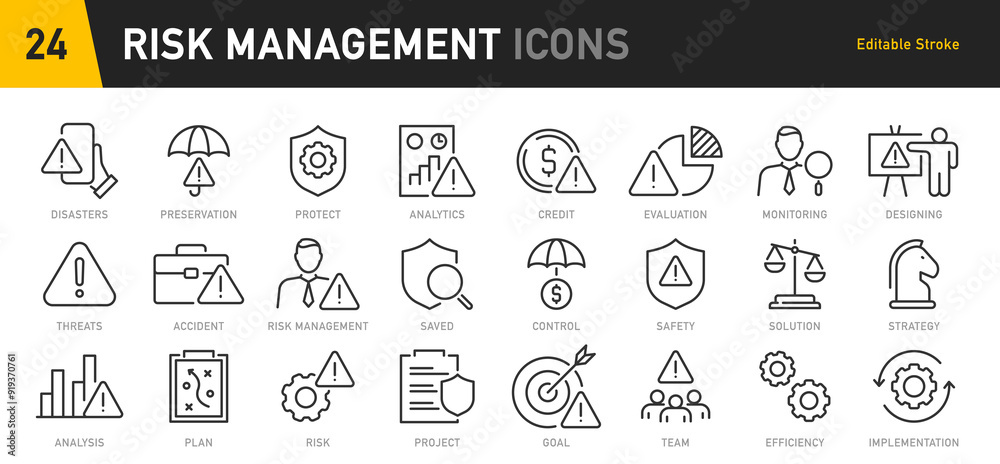 Risk Management web icon set in line style. Risk analysis, risk ...