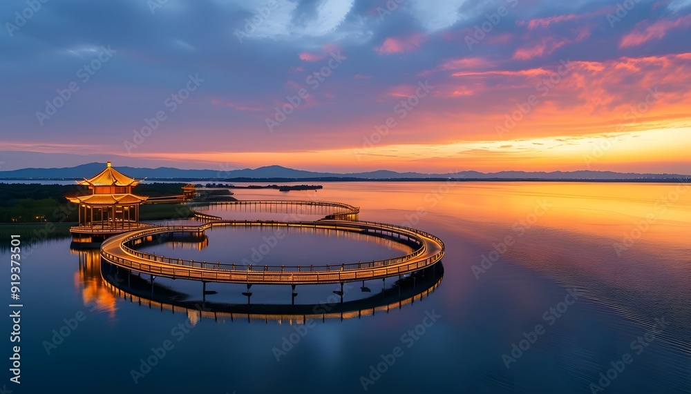 The sunset glow of Taihu Lake reflects on the water, and the circular ...