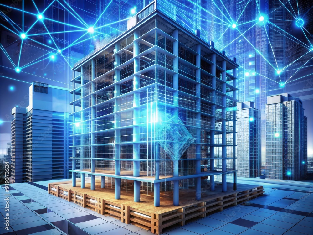 Digital blueprint of a building's framework surrounded by blockchain ...