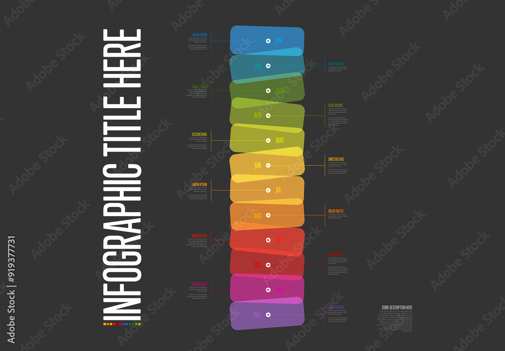 Dark full year timeline template with month names and rainbow color ...
