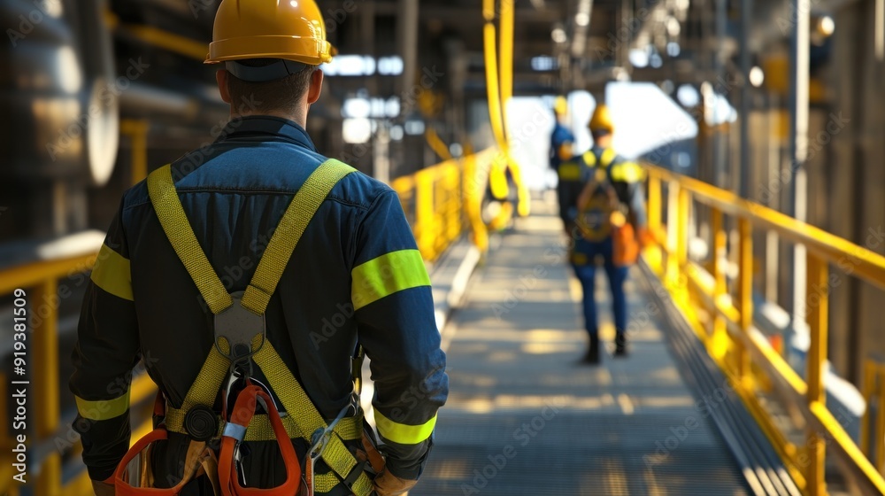 Generate a photo realistic image of workers following confined space ...