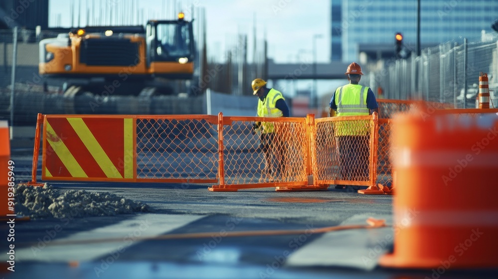 Generate a photo realistic image of workers installing safety barriers ...