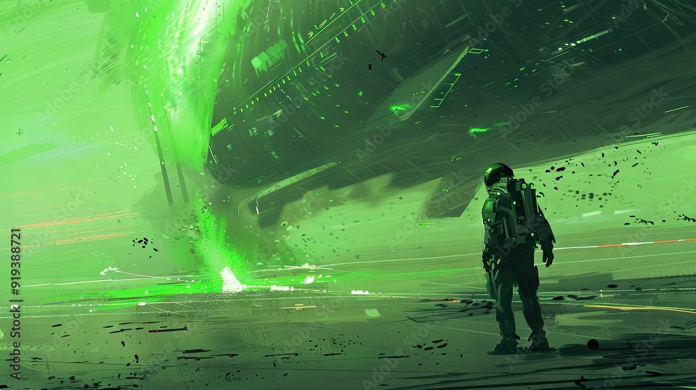 An astronaut stands on an alien planet, witnessing a powerful green ...