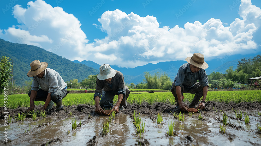 Teamwork in rice farming Three people are working shoulder to shoulder ...