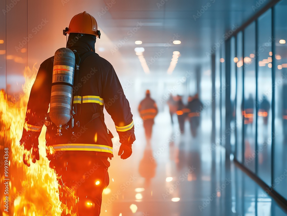 An illustration of a fire drill scenario, with occupants responding to ...