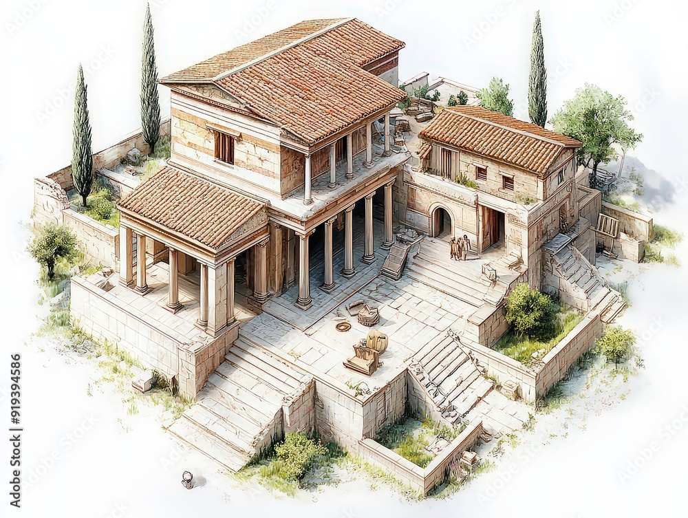 An illustration of ancient Spartan architecture, including the layout of their city-state ...