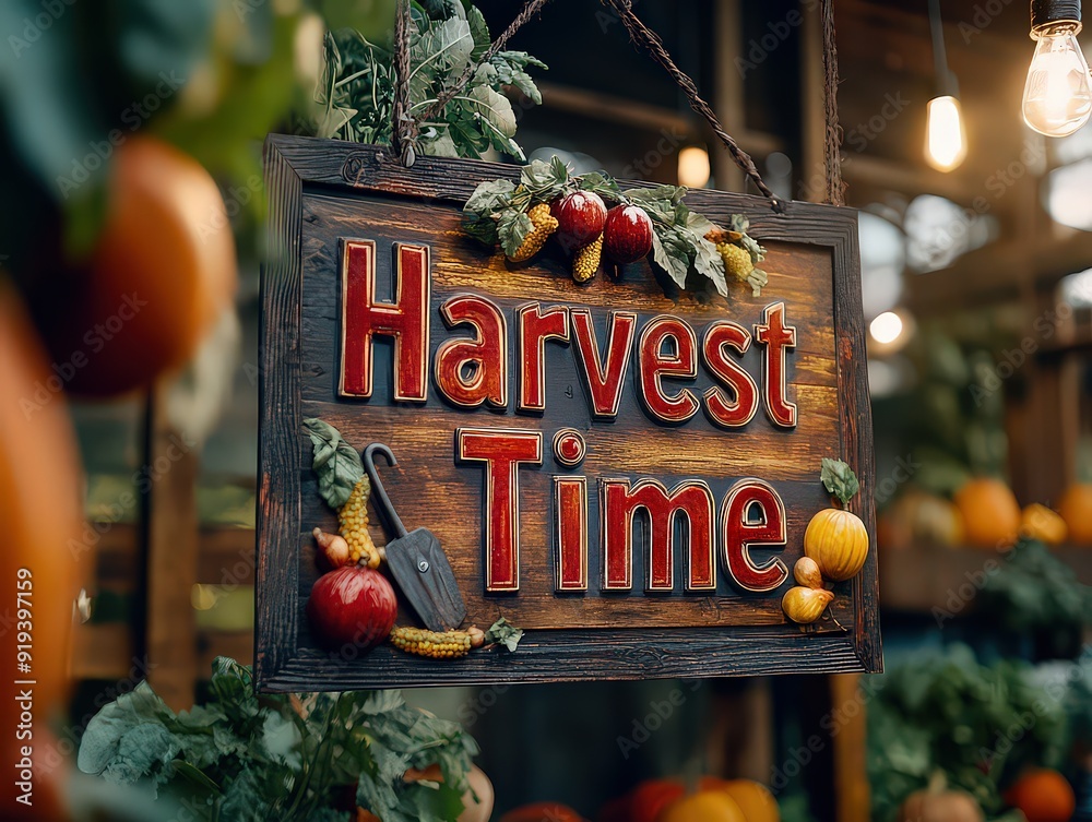 sign with "Harvest Time" in bold, friendly letters, decorated with ...