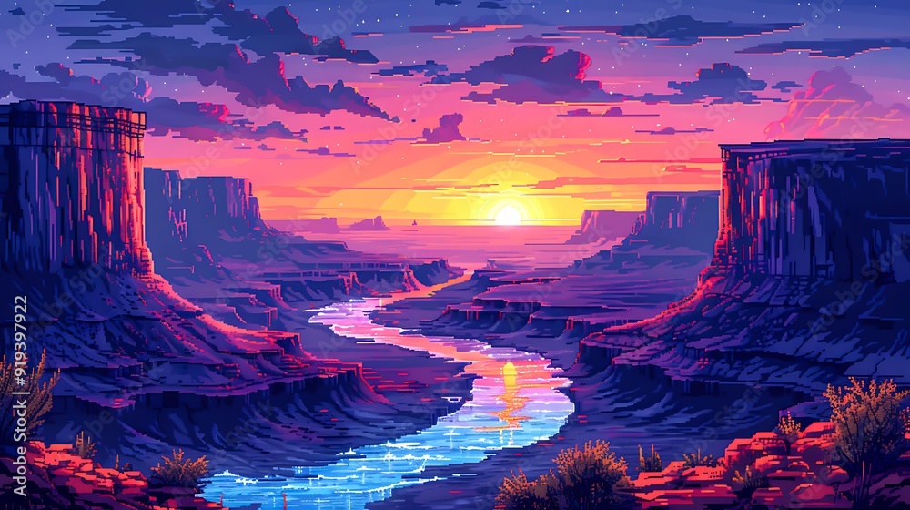 A pixel art landscape showcases a vibrant sunset over a winding river ...