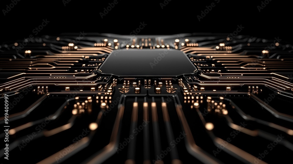 A high-resolution image of a microcircuit on a black and gold circuit ...