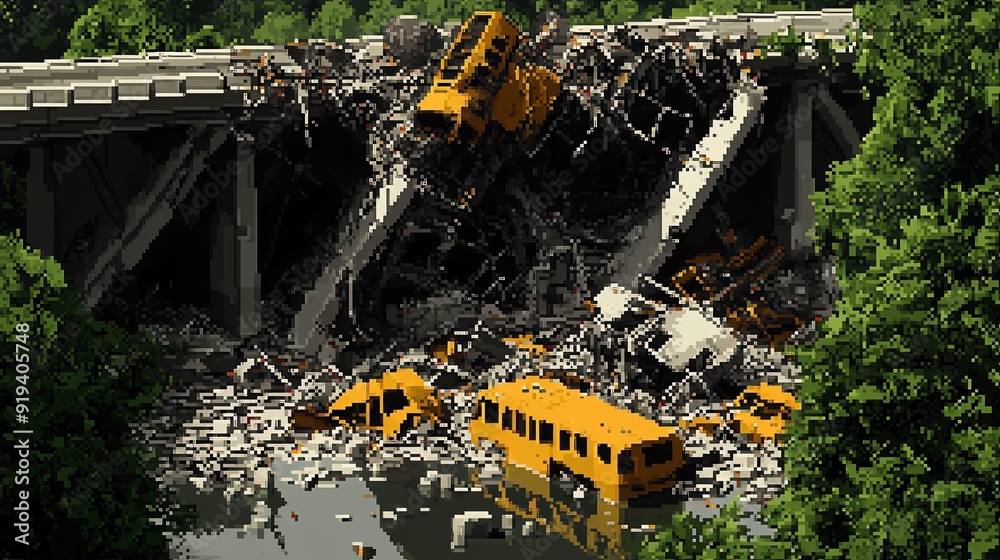 Aftermath of a catastrophic bridge collapse in pixel art Stock ...