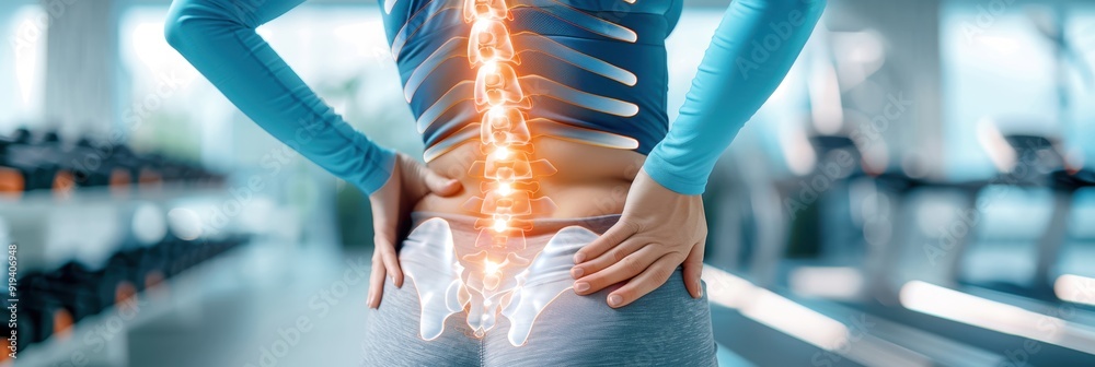 A person experiencing lower back pain with a highlighted spine and ...