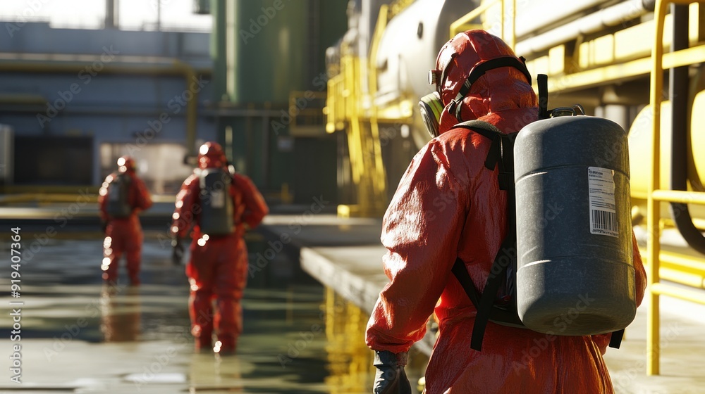 Generate a photo realistic image of workers responding to a simulated ...