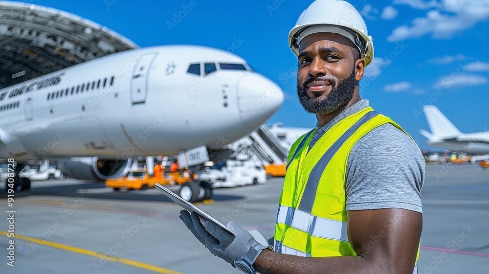 Smiling pilot in uniform standing in an airport, surrounded by aircraft ...