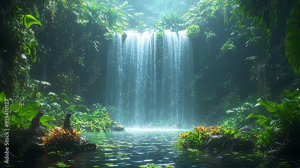 Tropical rainforest scene, lush dense foliage, diverse wildlife, exotic ...