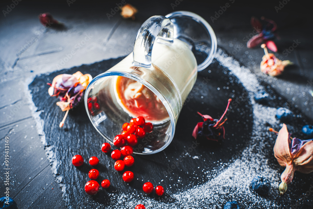 Original serving of the dessert panna cotta with lingonberries ...