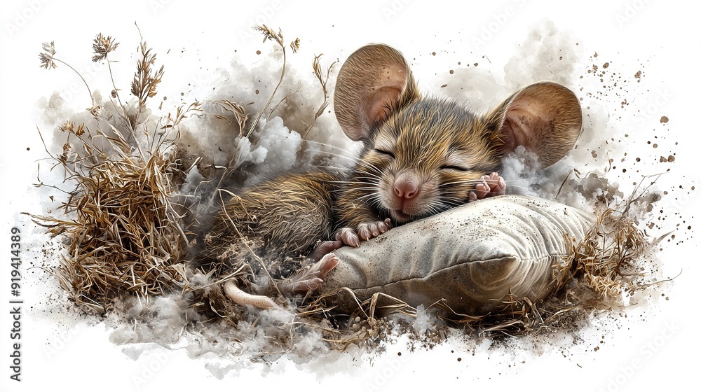 A painting of a mouse cuddling with a shoe amidst a pile of dry grass ...