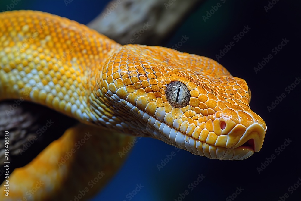 An orange snake with intricate scales wraps itself around a branch ...